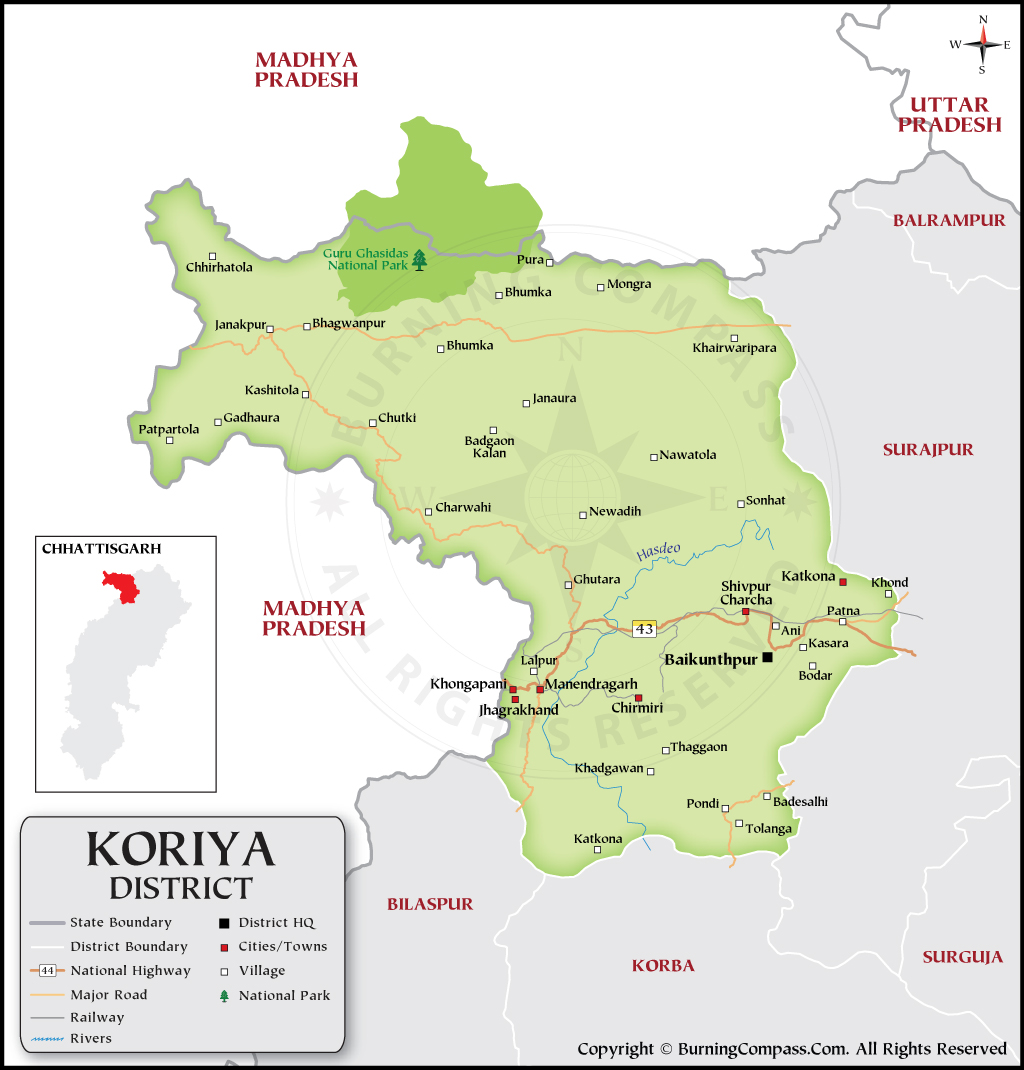 Koriya Map, Koriya District Map, Korea District Map, Chhattisgarh, India